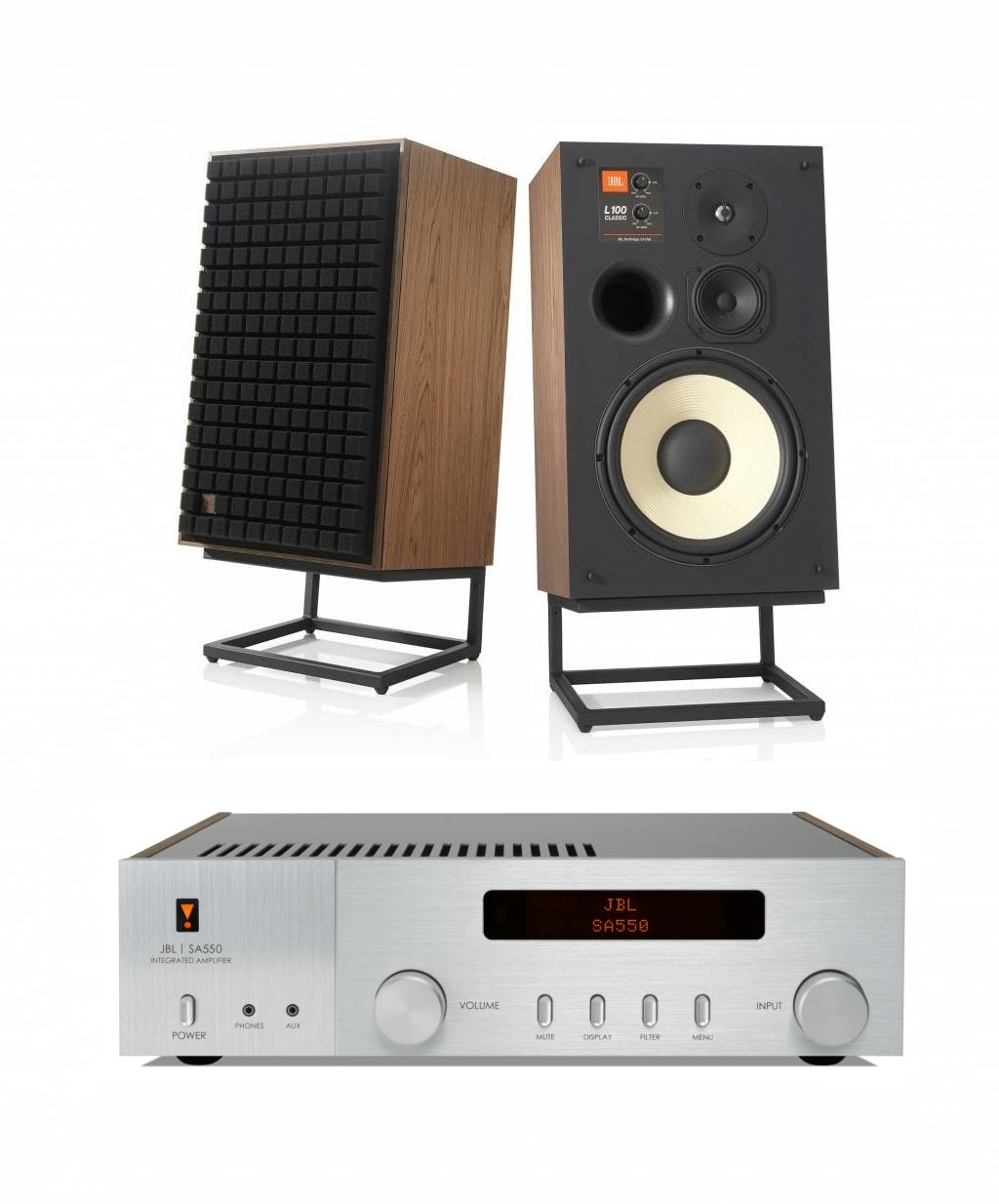 JBL L100 Classic 12" 3-Way Bookshelf Speaker Pair with JBL SA550 Integ ...